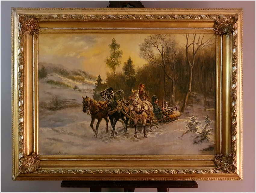Stary obraz olejny! Trojka w zimowej scenerii - G.v.Bochmann XIXw ...